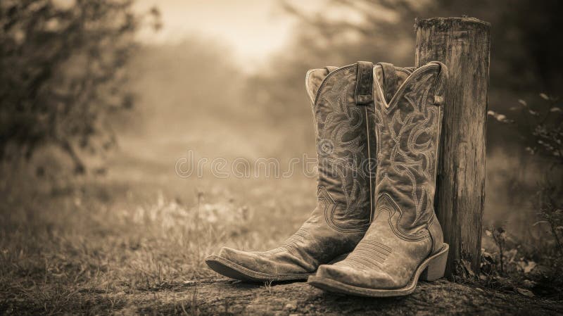 Vintage Cowboy Boots in a Rustic Field Setting Stock Illustration ...
