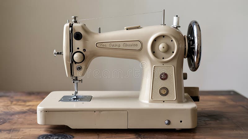 Vintage Cream-Colored Sewing Machine on Wooden Table Stock Illustration ...