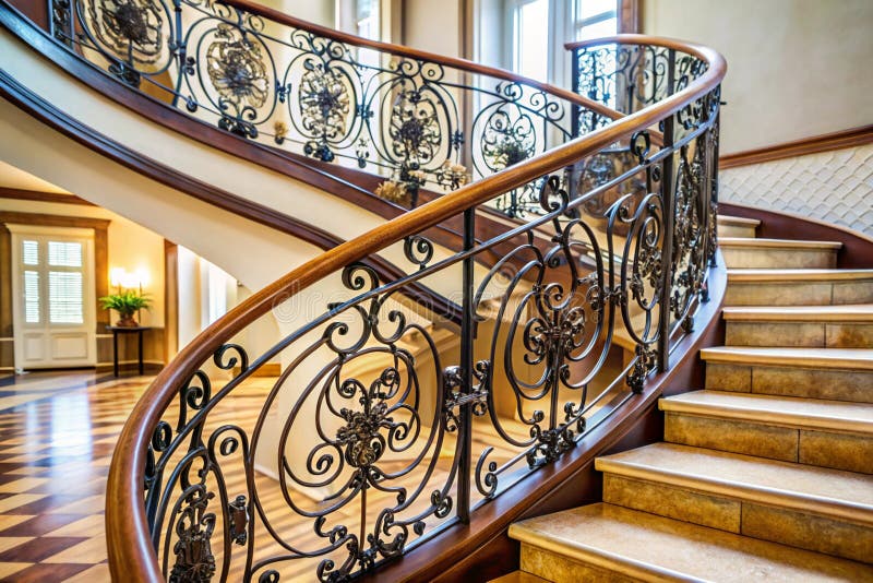 "Vintage Curved Steel Railing on Staircase Stock Illustration ...