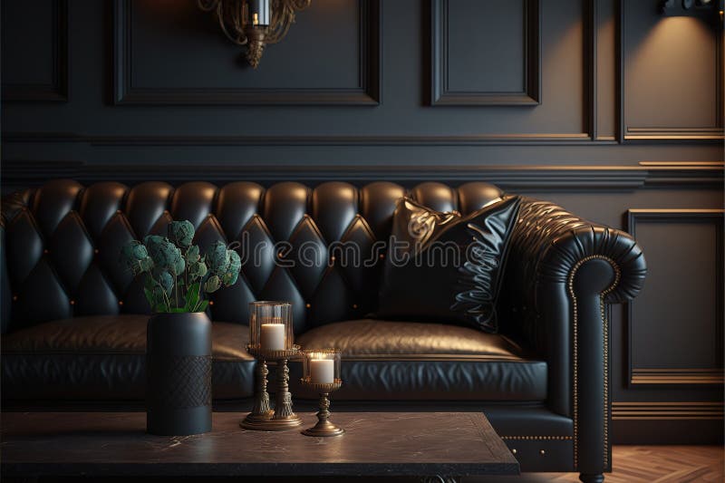 Vintage Dark Living Room Interior Close Up with Leather Sofa.3d ...