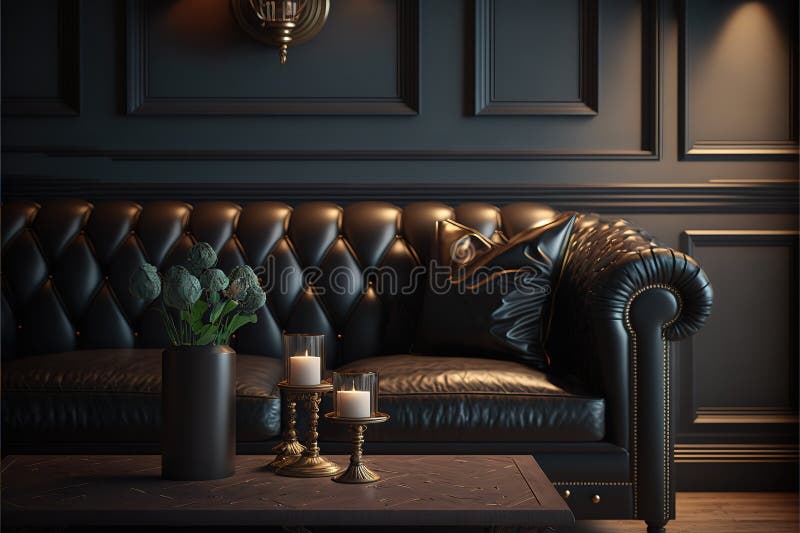 Vintage Dark Living Room Interior Close Up with Leather Sofa.3d ...