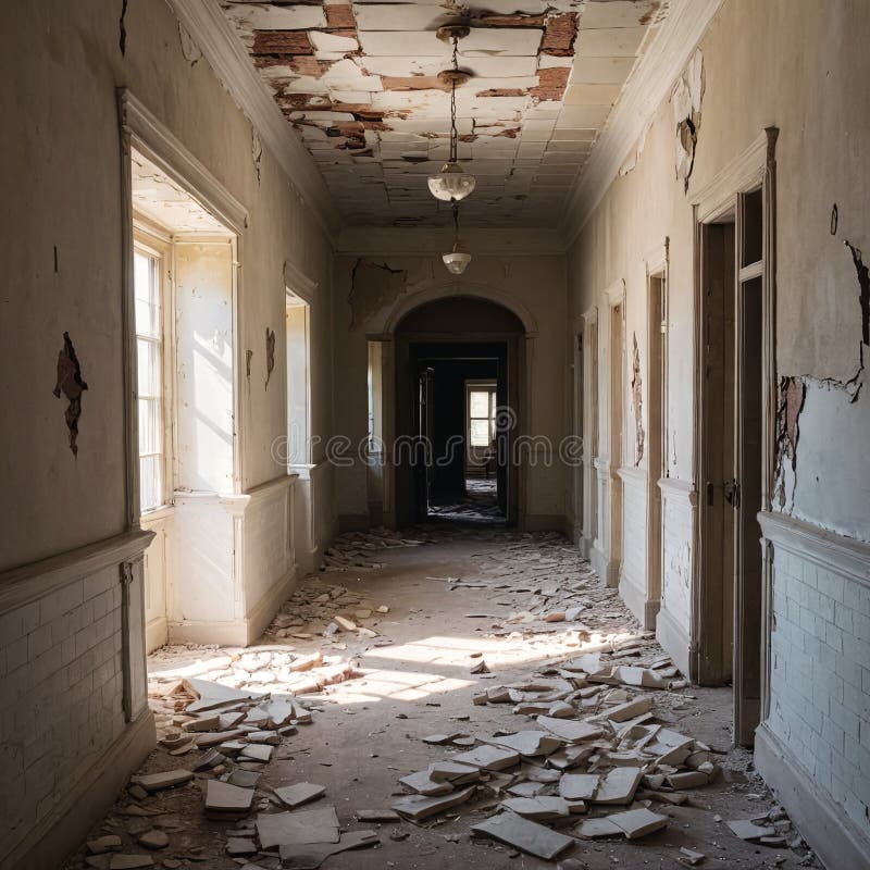 Vintage Decay Abandoned White Plaster Hallway and Brick Library Stock ...