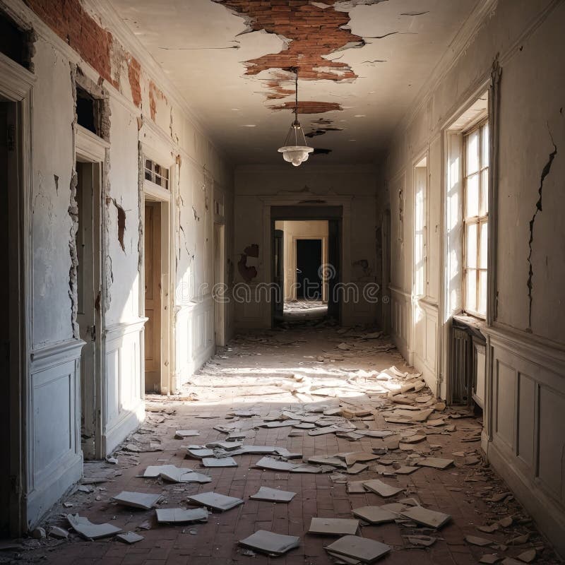 Vintage Decay Abandoned White Plaster Hallway and Brick Library Stock ...