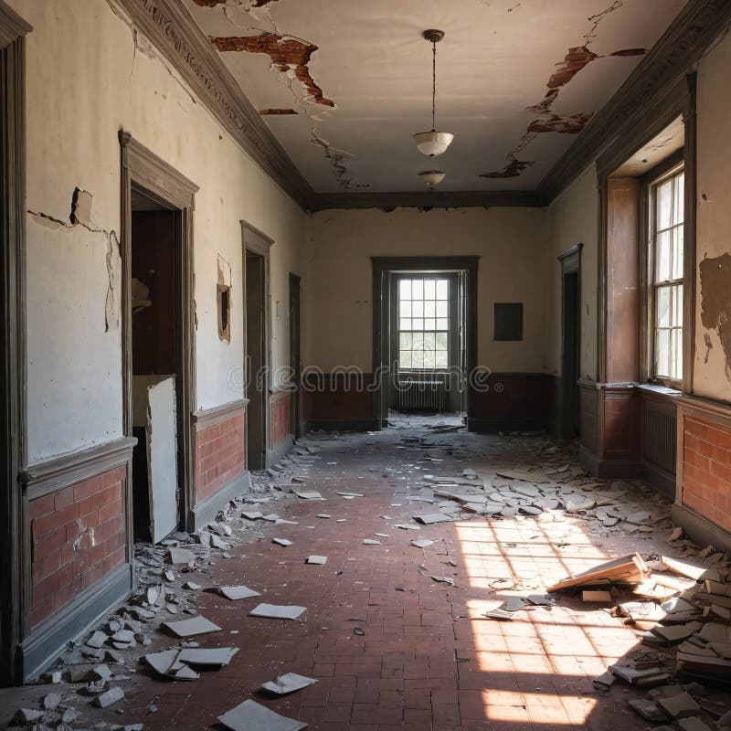 Vintage Decay Abandoned White Plaster Hallway and Brick Library Stock ...