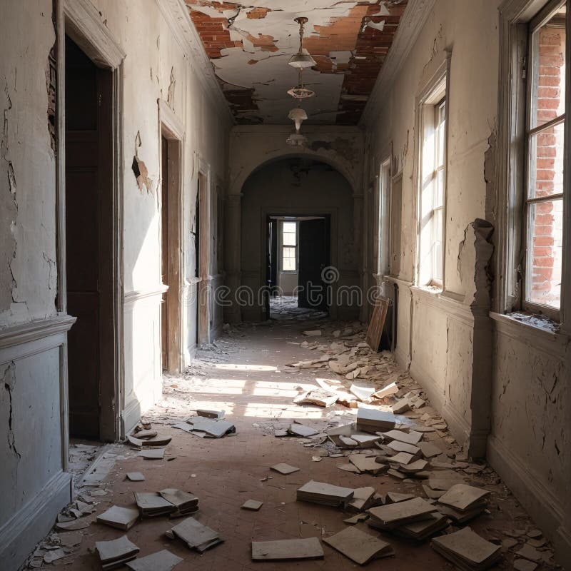 Vintage Decay Abandoned White Plaster Hallway and Brick Library Stock ...