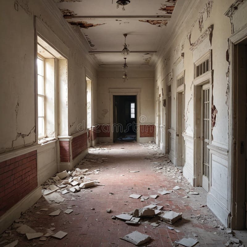 Vintage Decay Abandoned White Plaster Hallway and Brick Library Stock ...