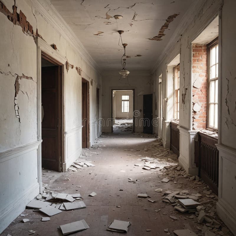 Vintage Decay Abandoned White Plaster Hallway and Brick Library Stock ...