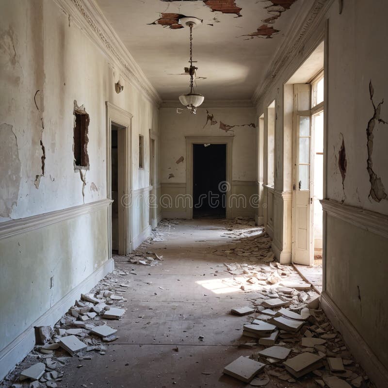 Vintage Decay Abandoned White Plaster Hallway and Brick Library Stock ...