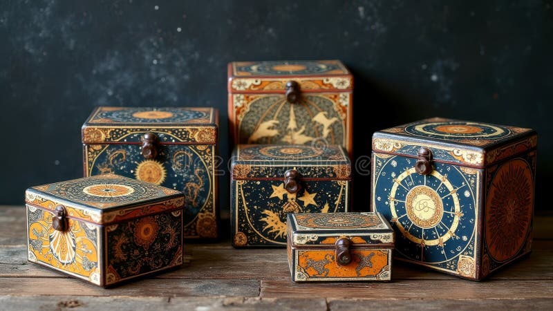 Vintage Decorative Boxes with Intricate Astrological Designs on Wooden ...