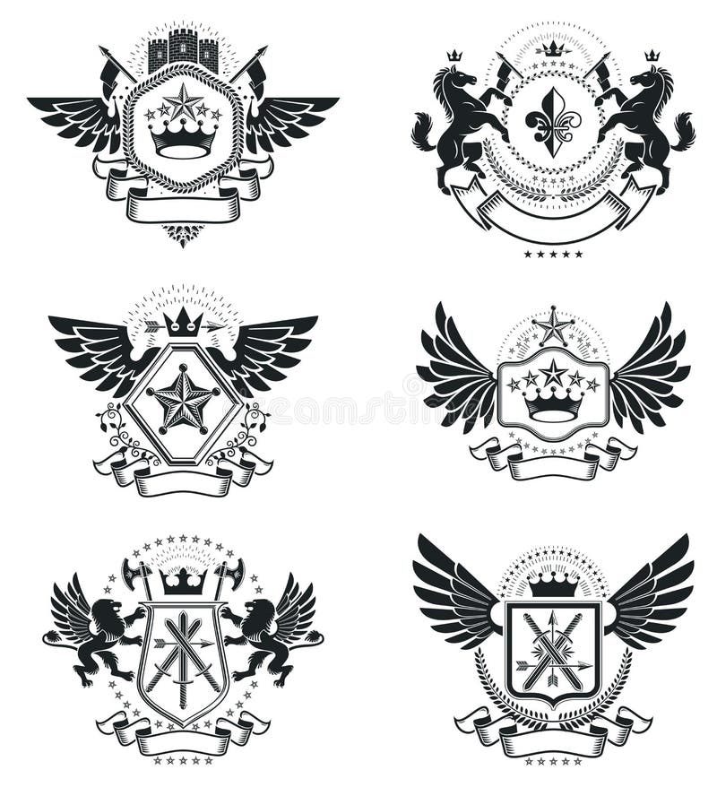 Vintage Decorative Emblems Compositions, Heraldic Vectors. Class Stock ...