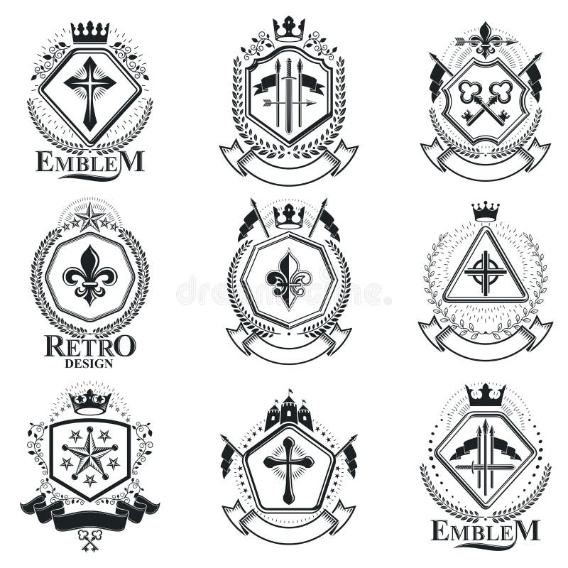 Vintage Decorative Emblems Compositions, Heraldic Vectors. Class Stock ...