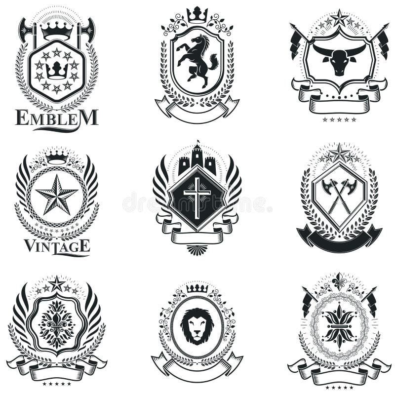 Vintage Decorative Emblems Compositions, Heraldic Vectors. Class Stock ...
