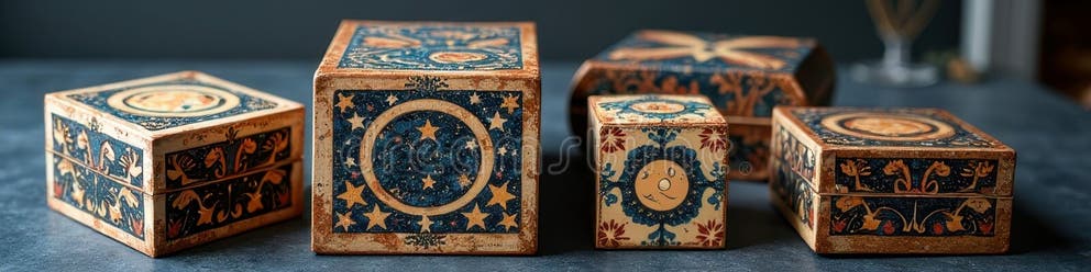 Vintage Decorative Wooden Boxes with Star and Floral Patterns Stock ...