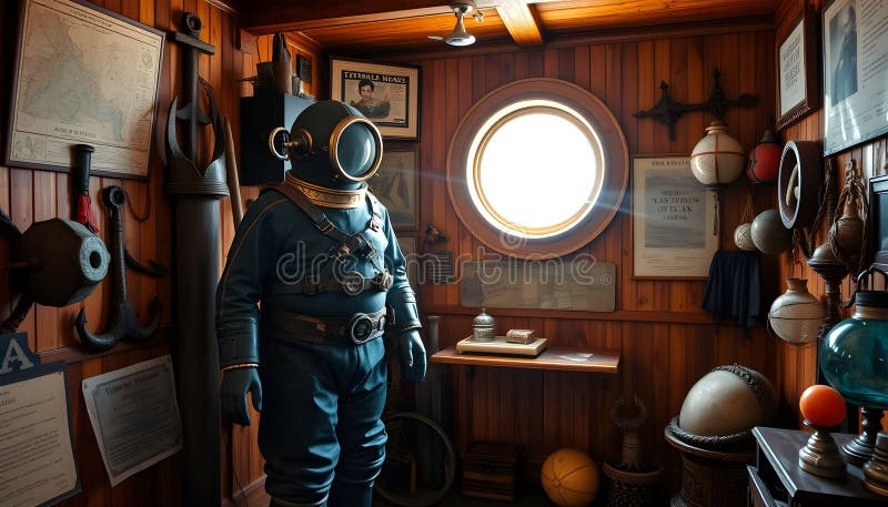 Vintage Deep Sea Diver Suit in a Nautical Study Stock Illustration ...