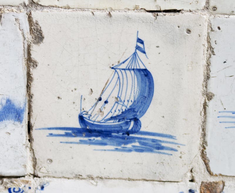 Vintage Delft Blue Tile with Dutch Sailing Ship Stock Image - Image of ...