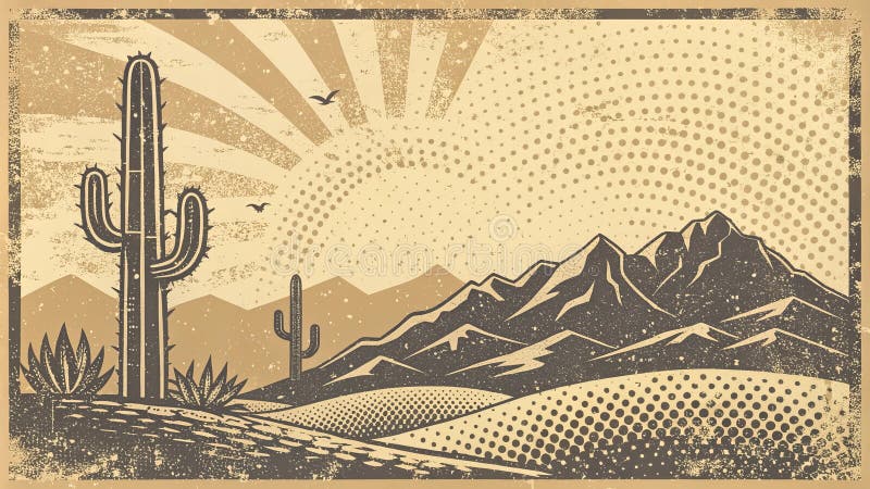 Vintage Desert Landscape with Cactus and Mountains in Retro Style Stock ...