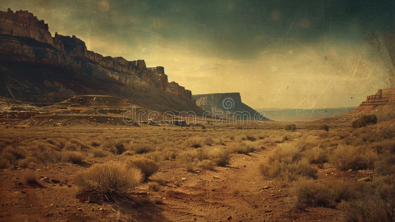 Vintage Desert Landscape Featuring Arid Plains and Rugged Cliffs Under ...