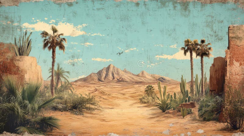 Vintage Desert Landscape with Palm Trees and Mountain Stock ...