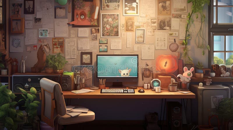 Vintage desk computer wall stock illustration. Illustration of vintage ...