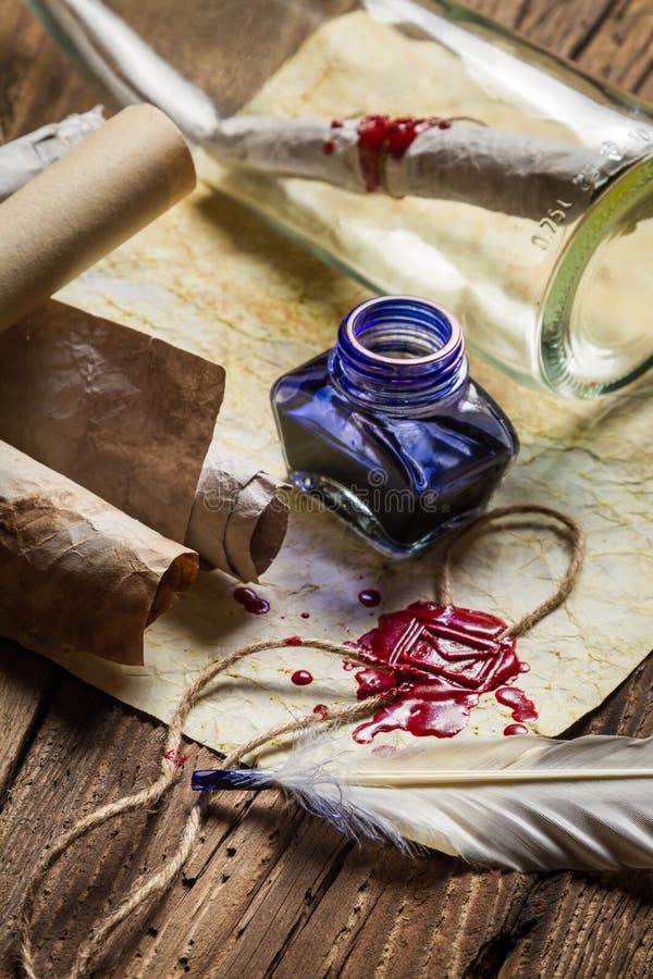 Vintage Desk Full of Old Scrolls Scribe and Blue Ink Stock Photo ...