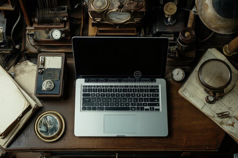 Vintage Desk with a Modern Laptop and Old Objects Stock Illustration ...