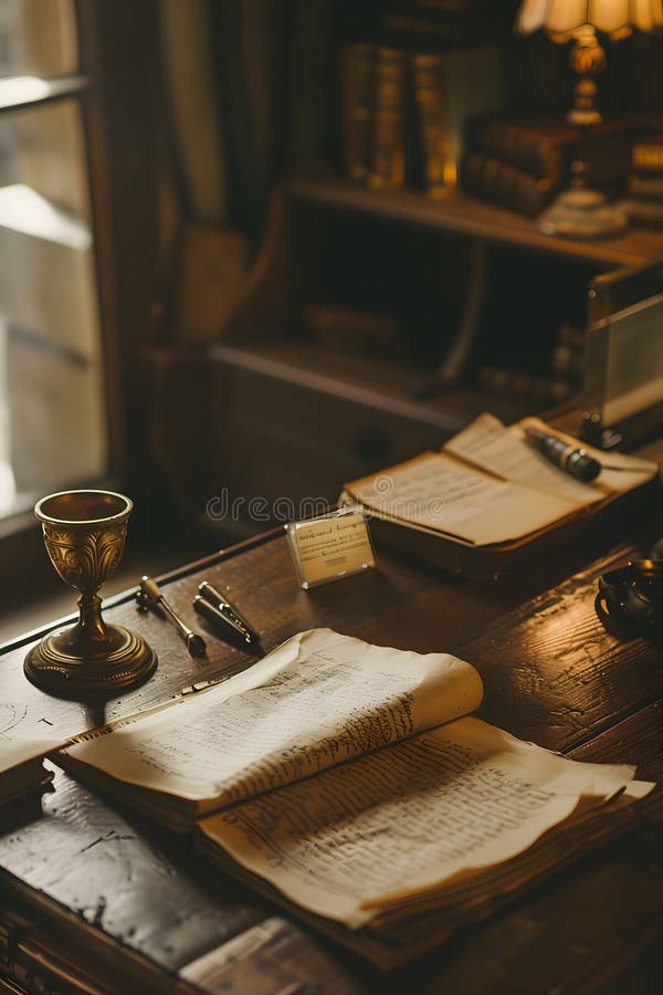 Vintage Desk with Open Book Stock Image - Image of writing, literature ...