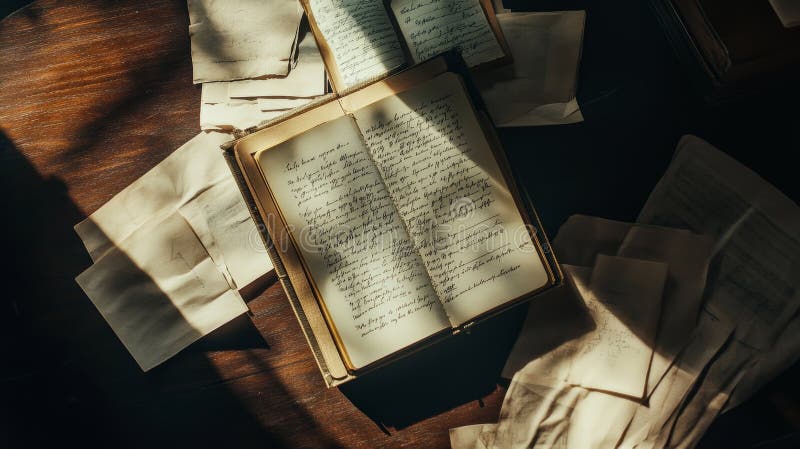 A Vintage Desk with Open Handwritten Journals and Scattered Paper Under ...