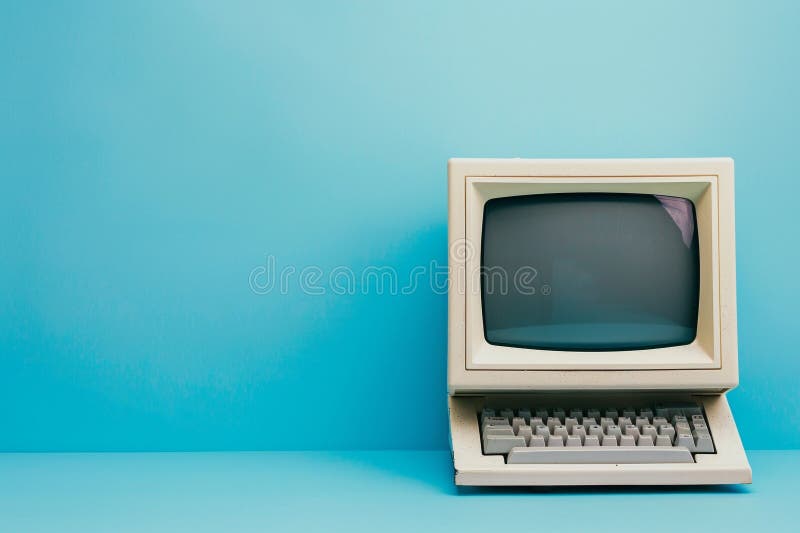 Vintage Computer on a Blue Background Stock Image - Image of digital ...