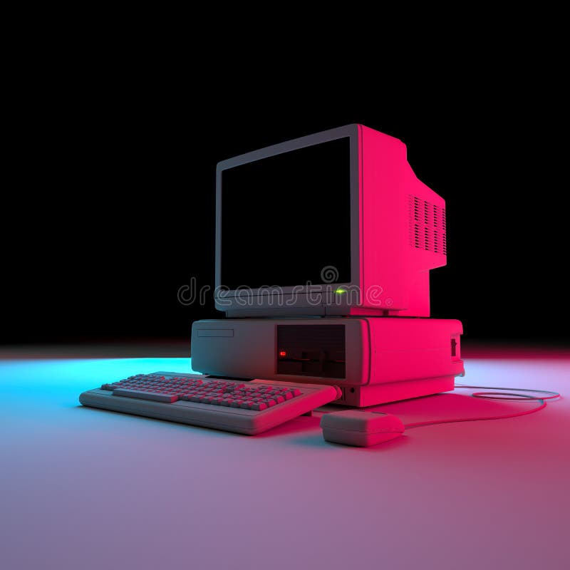 Vintage Desktop PC with Blank Screen in Neon Light Stock Illustration ...