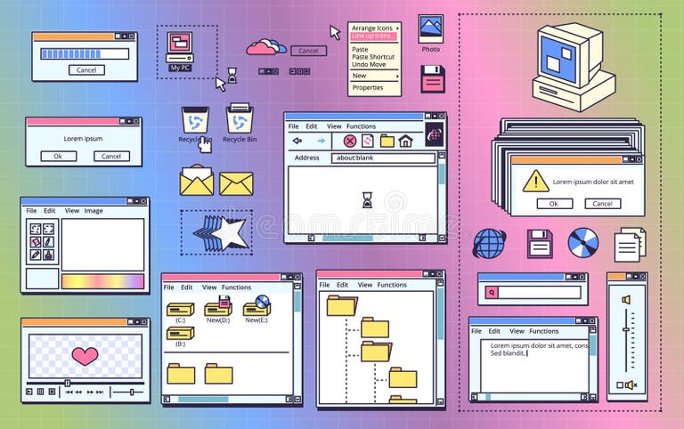 Vintage Desktop Windows. Old Computer Retro Interface, Search Browser ...