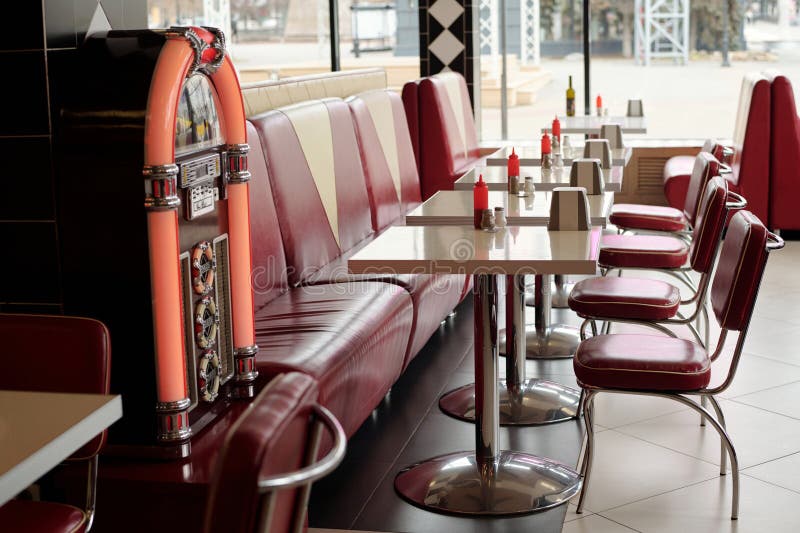Dining Area in Retro Style Diner with Jukebox Stock Photo - Image of ...