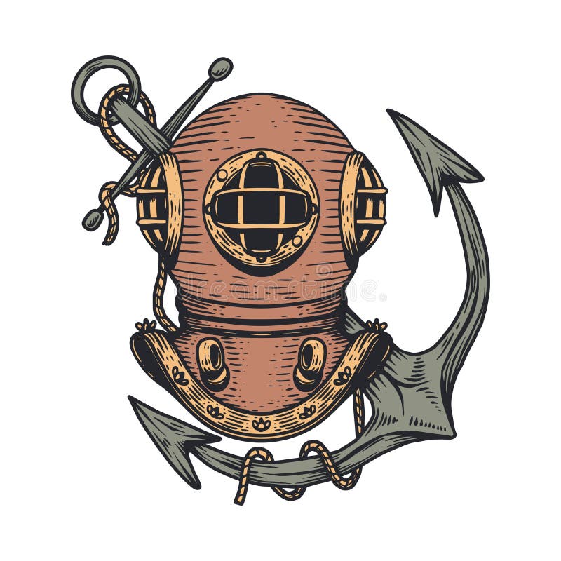 Vintage Diver Helmet with Anchor. Nautical Dive Helmet with Anchor ...