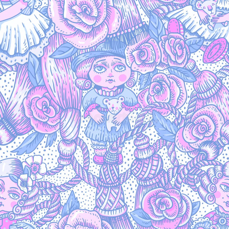 Vintage Doll Pink Neon Seamless Pattern, Vector Flowers and Needlework ...
