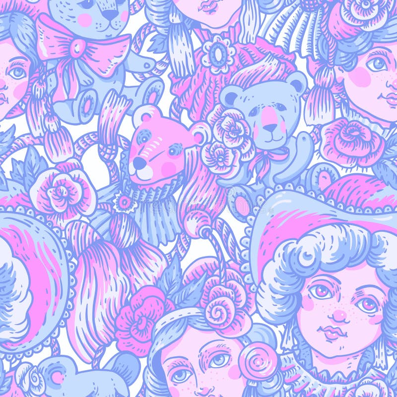 Vintage Doll Pink Neon Seamless Pattern, Vector Flowers and Needlework ...