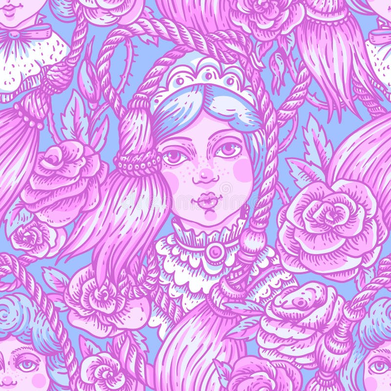Vintage Doll Pink Neon Seamless Pattern, Vector Flowers and Needlework ...