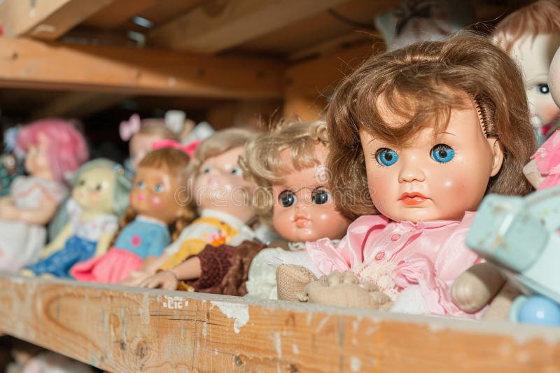 Vintage Dolls on Wooden Shelf in Brightly Lit Collection Display Stock ...