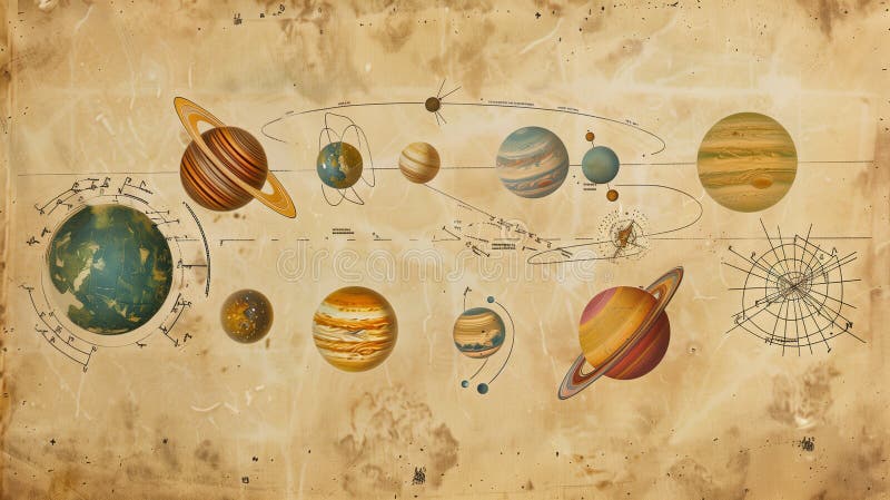 Vintage Drawing of Planets Executed in Classic Engraving Technique ...