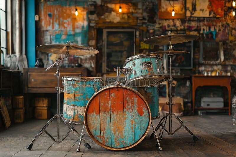 Vintage Drum Set in a Colorful, Artistic Studio Interior Stock Image ...