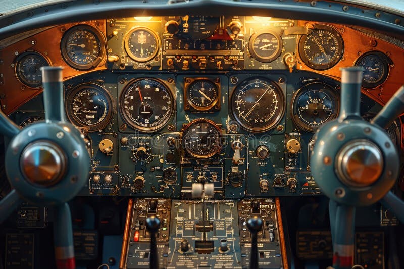 Vintage Dual Seater Aircraft Cockpit Control Panel Featuring Classic ...