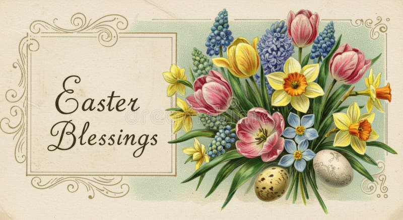 Vintage Easter Blessings Card with Colorful Spring Flowers and Eggs ...