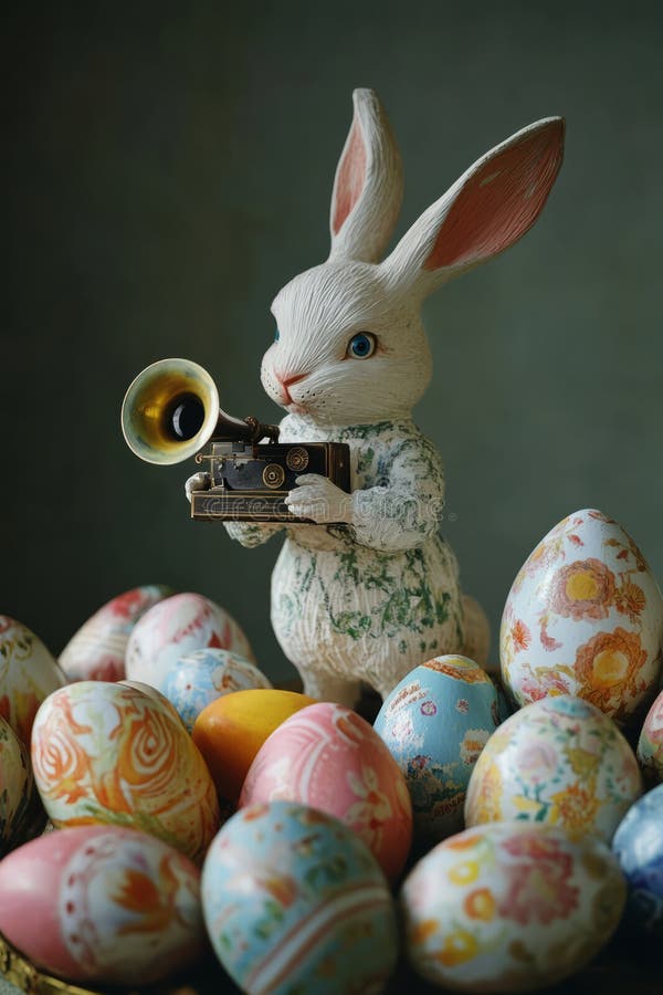 Vintage Easter Bunny Holding Tiny Gramophone Playing Soft Classical ...