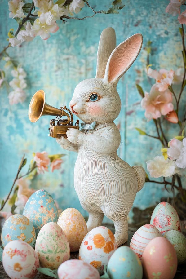 A Vintage Easter Bunny Holding a Tiny Gramophone, Playing Soft ...