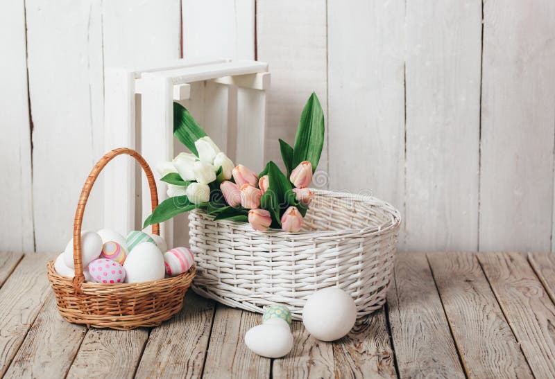 Vintage Easter Decoration with Eggs and Tulip Flowers Stock Photo ...
