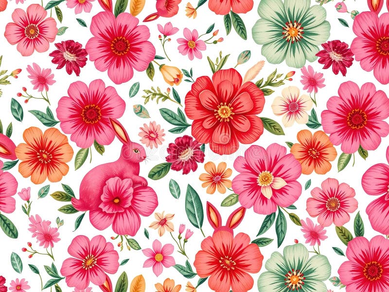 Vintage Easter Floral Pattern with Hopping Bunnies a Whimsical Spring ...