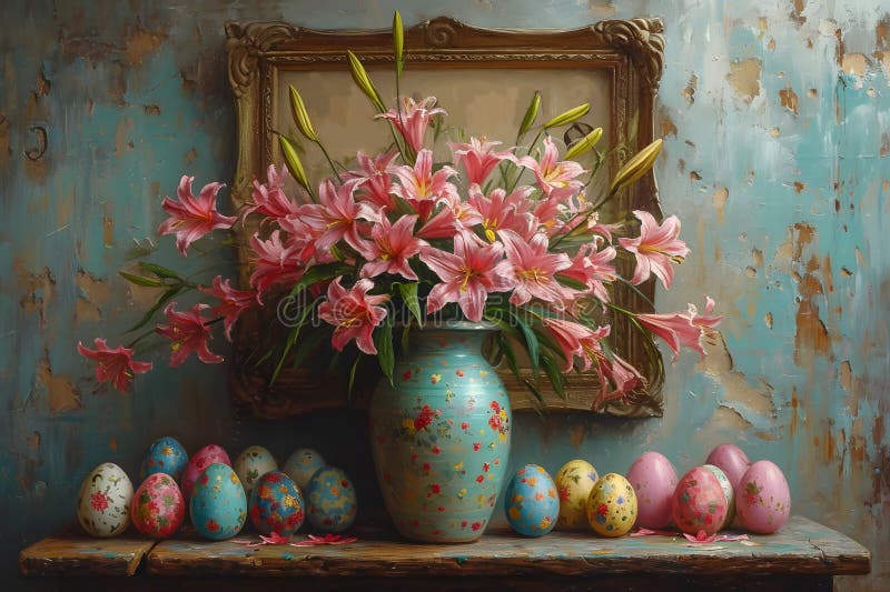 Vintage Easter with Lilies and Painted Eggs Stock Illustration ...