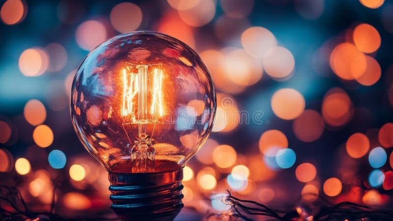 Vintage Edison Bulb Glowing in Bokeh Lights Stock Illustration ...