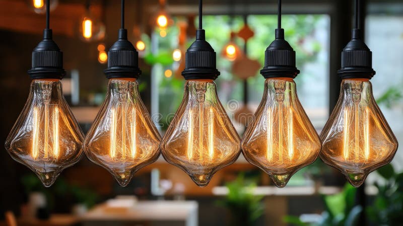 Vintage Edison Bulbs Hanging in Cozy Cafe Interior with Greenery Stock ...