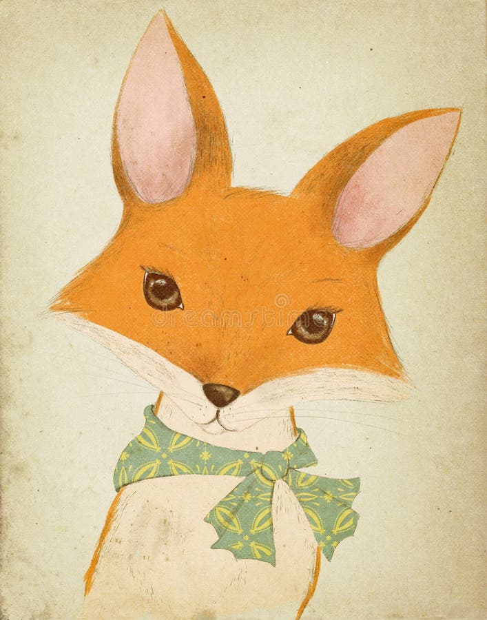 Pastel Vintage Fox Drawing, Cute Baby Animal, Kids Birthday Card ...
