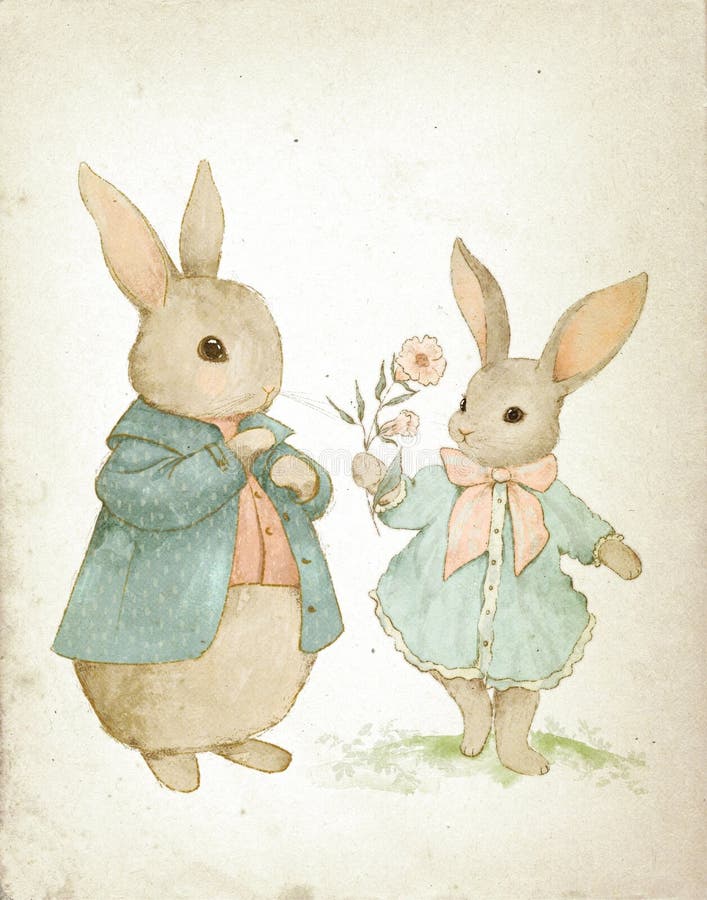 Watercolor Vintage Drawing of Two Cute Rabbits in a Vintage Atmosphere ...