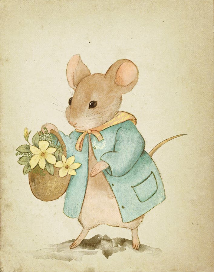 Pastel Vintage Mouse Drawing, Cute Baby Animal, Kids Birthday Card ...